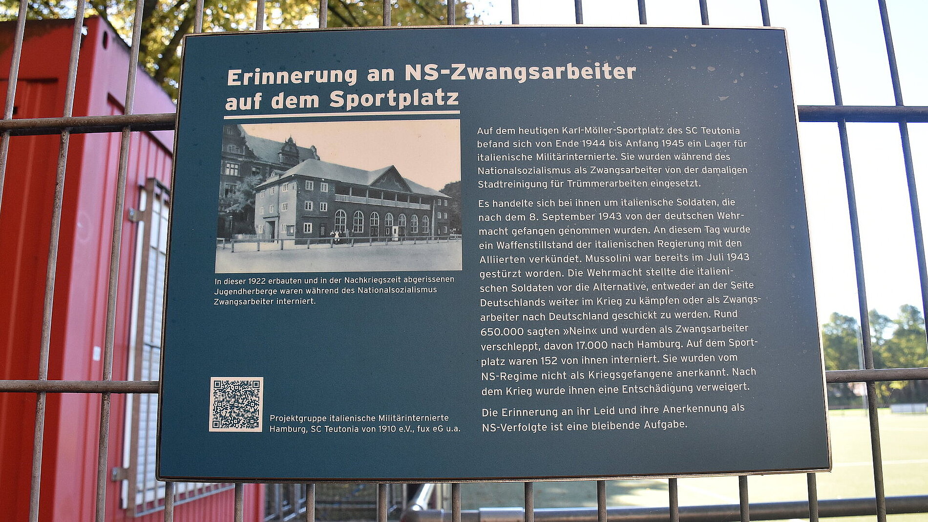 Memorial plaque for Italian military internees at the sports field on ...